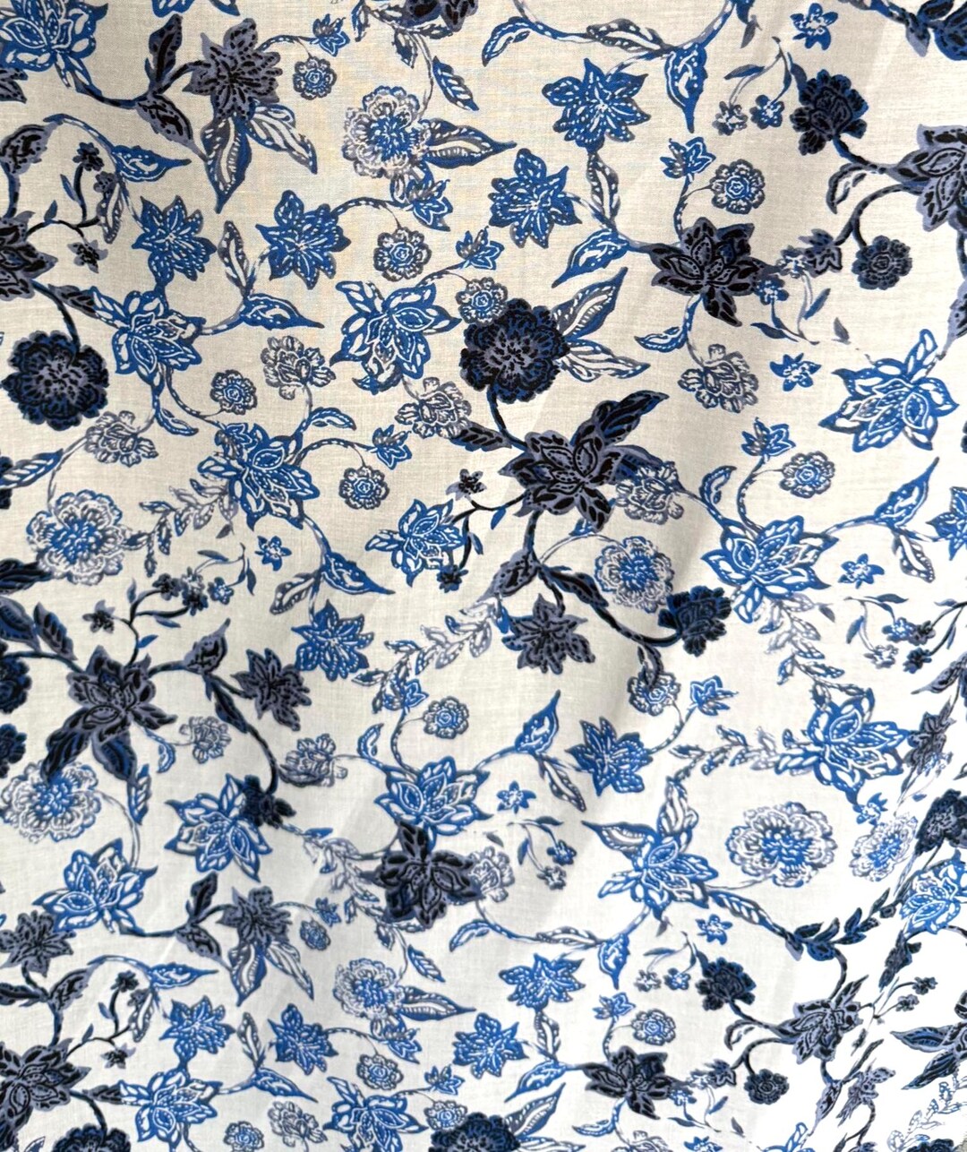 Floral Rayon Challis Fabric: Blue & Black Lightweight Woven, 58" Wide ...