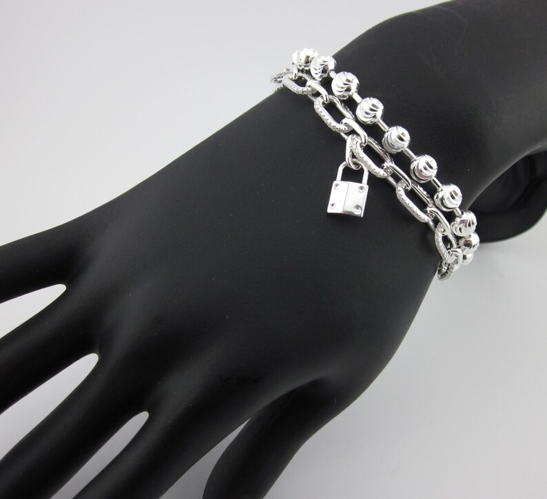 Italian Sterling Silver Padlock Bracelet: Layered Chain & Bead Design ...