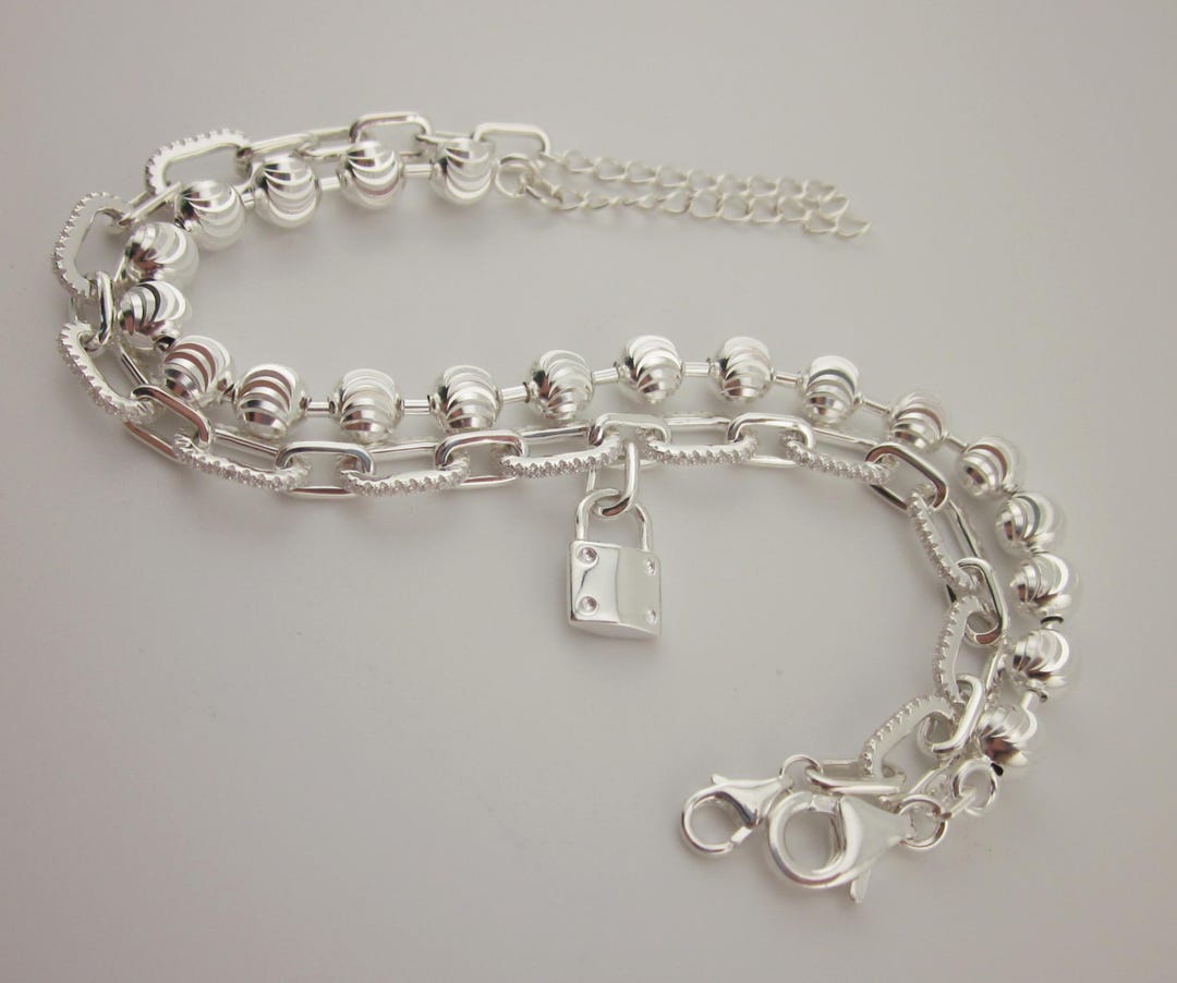 Italian Sterling Silver Padlock Bracelet: Layered Chain & Bead Design ...