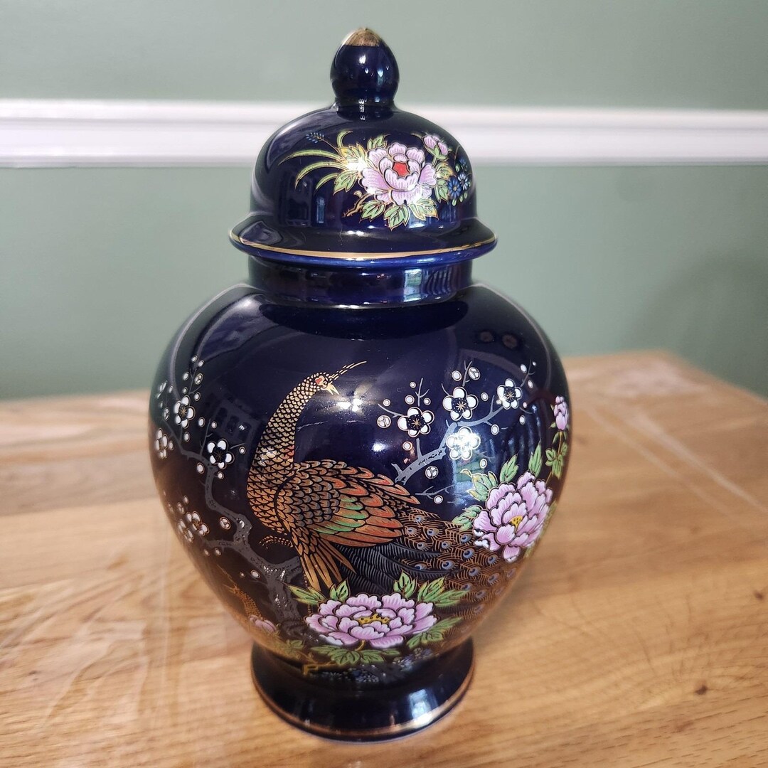 Cobalt Blue Gold Peacock Pink Floral Porcelain Ginger Jar W/lid ...