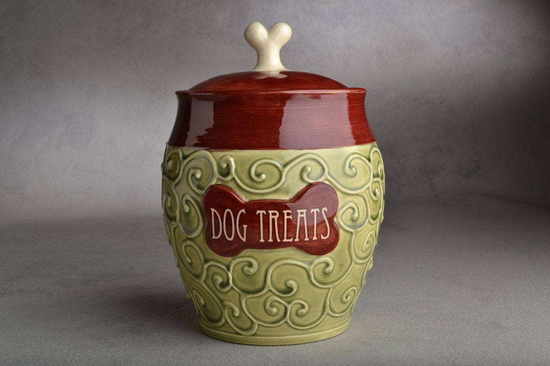 Personalized Dog Treat Jar Green & Red Slip Trailed Ceramic Pet Jar ...