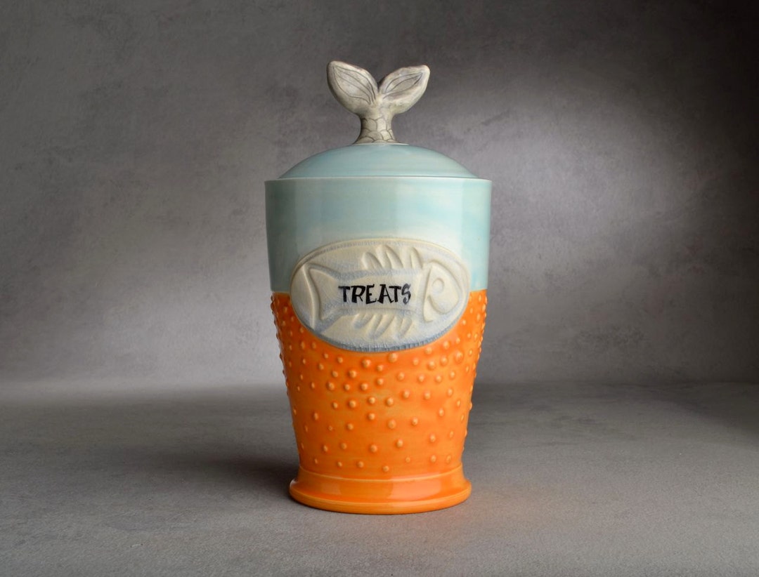 Personalized Cat Treat Jar Orange and Aqua Cat Ceramic Pet Container ...