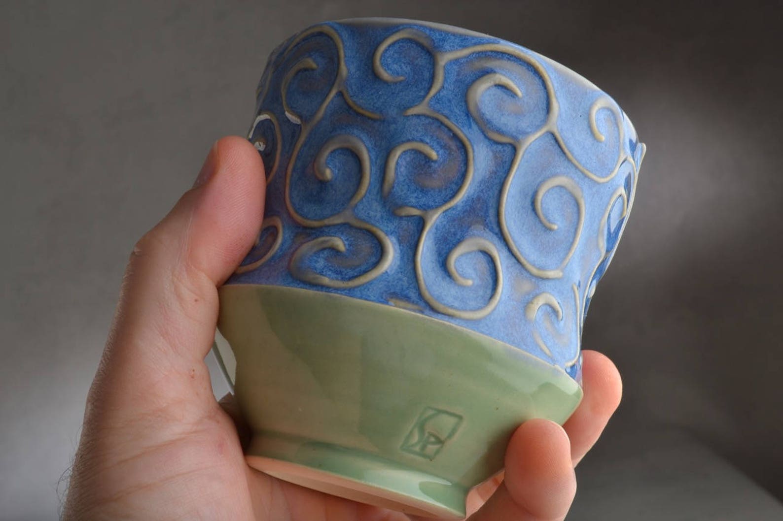 Yunomi Mug Blue Green Curls Stoneware Tea Coffee Mug by | Etsy