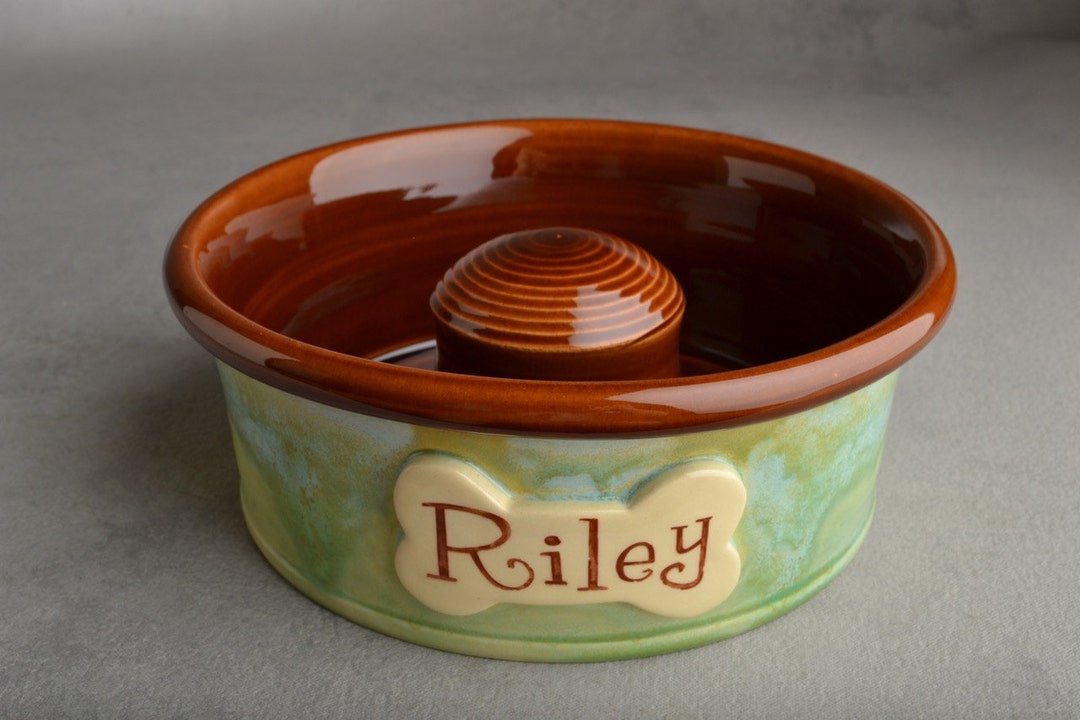 Personalized Slow Feeder Dog Bowl Single Blue Green Brown Ceramic Pet ...