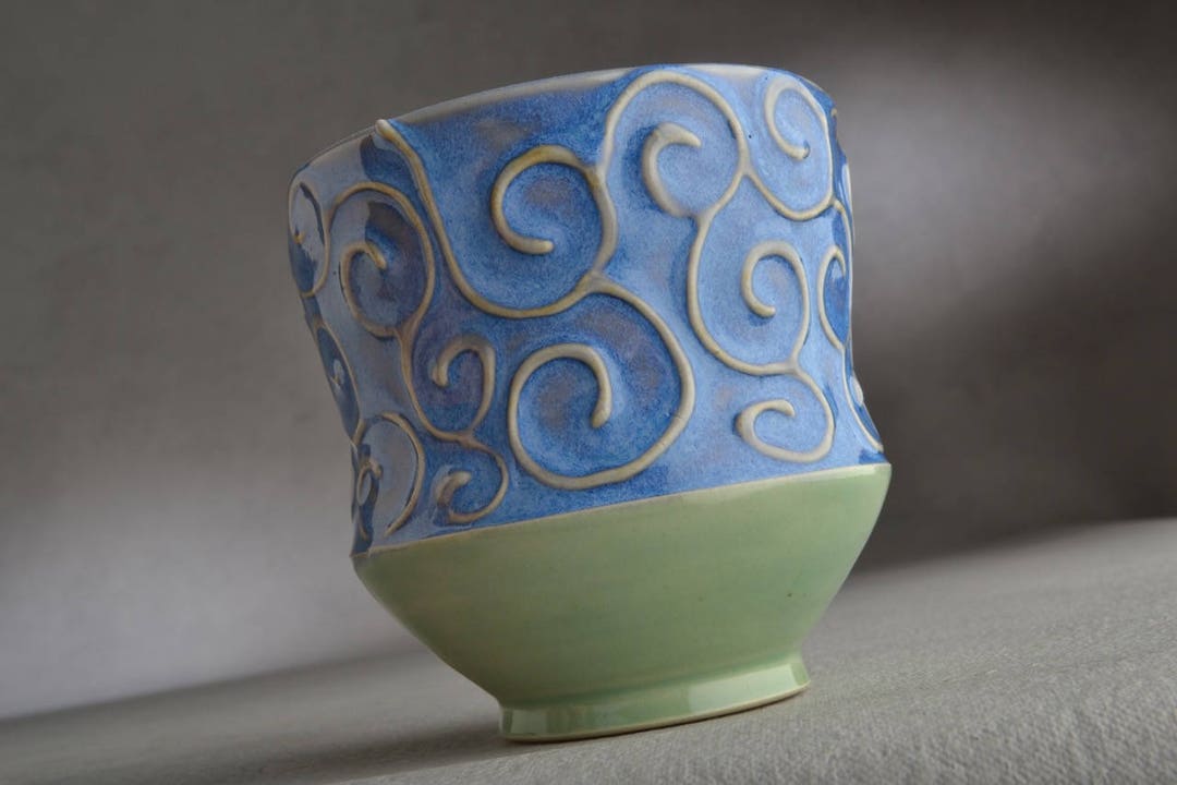 Yunomi Mug Blue Green Curls Stoneware Tea Coffee Mug by - Etsy