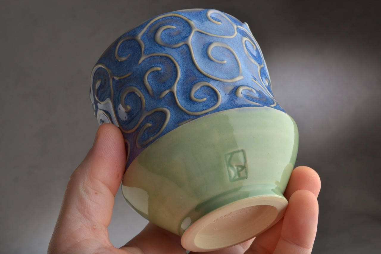 Yunomi Mug Blue Green Curls Stoneware Tea Coffee Mug by | Etsy