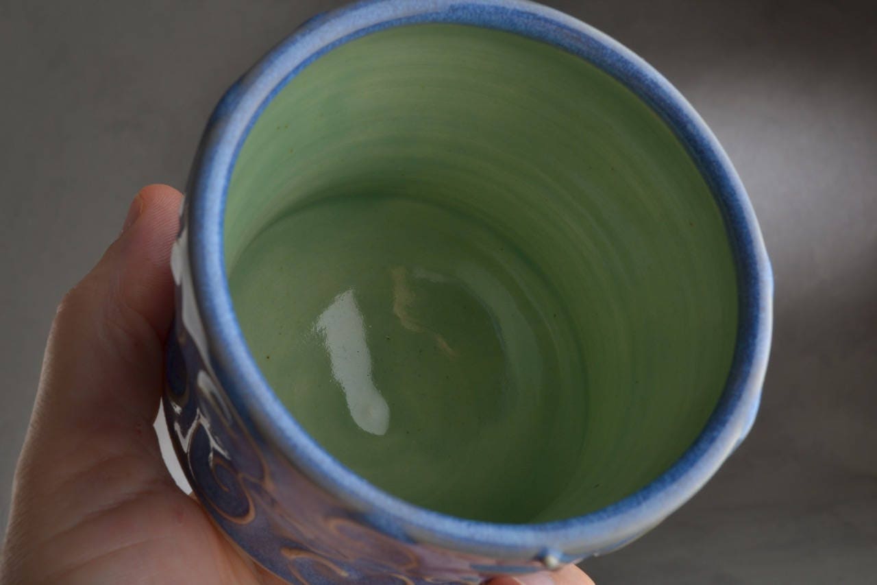 Yunomi Mug Blue Green Curls Stoneware Tea Coffee Mug by | Etsy
