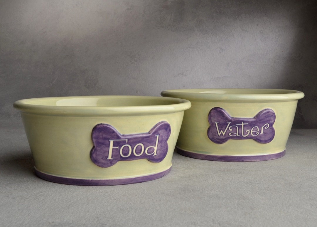 Personalized Dog Bowl Set Light Green Purple Smooth Ceramic Pet Dishes ...