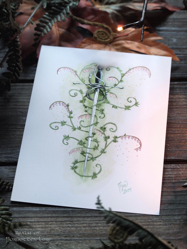 Flower Sword Bleeding Hearts Fantasy Fairytale Watercolor Art Giclee ...