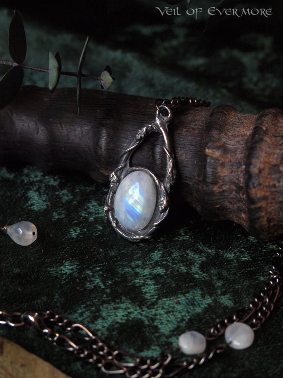 Silver Moonstone Necklace Woodland Orb in Moonlight Rainbow | Etsy