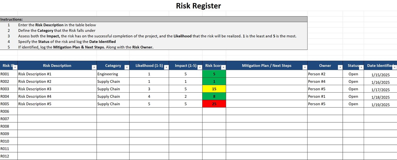 Risk Register Excel Template – Project Risk Log & Mitigation Tracker ...