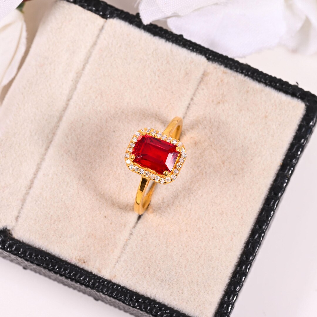 Ruby Ring Vintage Gold, Emerald Cut Ruby Ring, Ruby Dainty Baguette ...