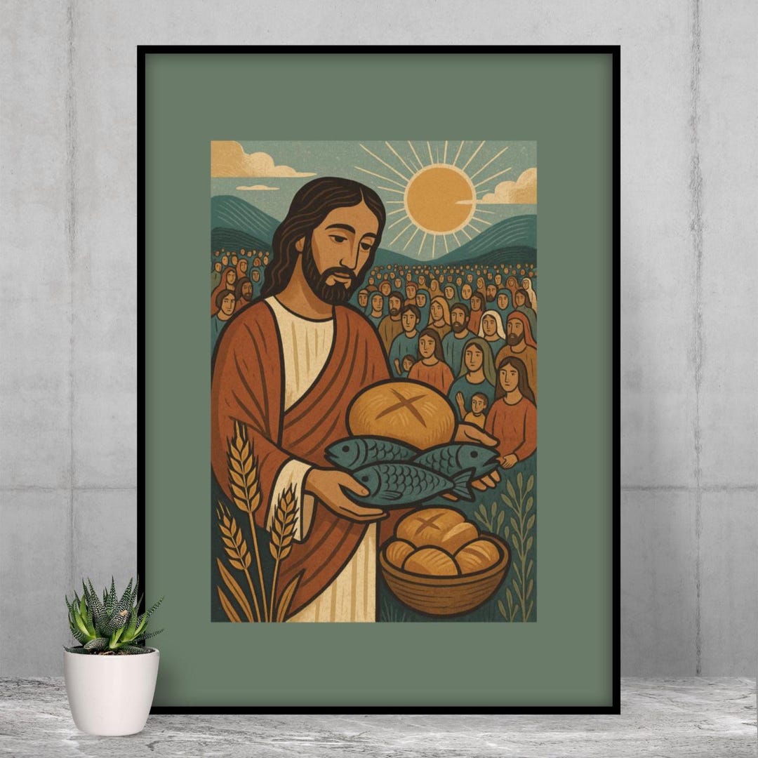 Jesus Feeds 5000 Art Print: Loaves and Fishes Bible Story (digital ...