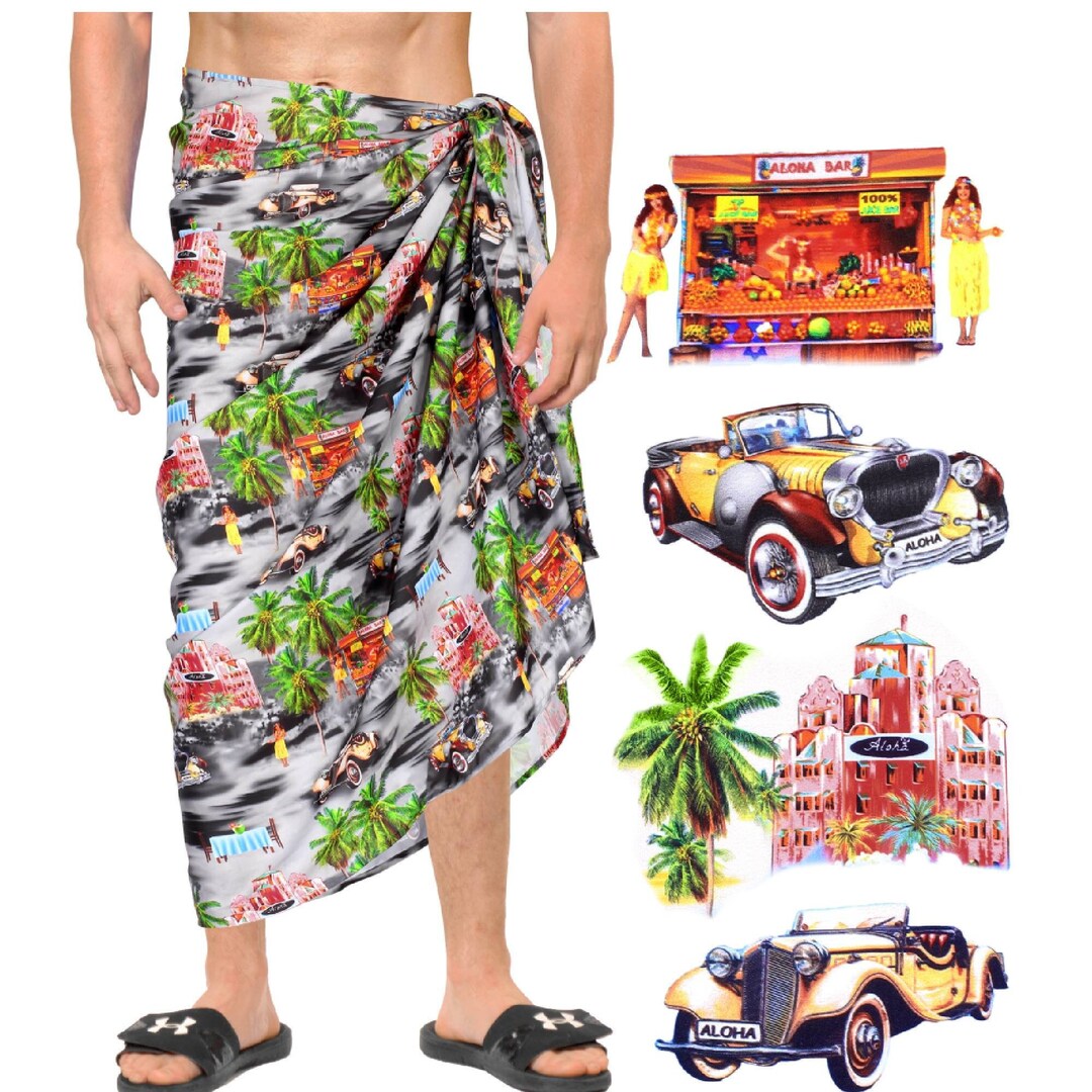 LA LEELA Men's Palm Tree Printed Pareo Swim Trunk Holiday Sarong Long ...