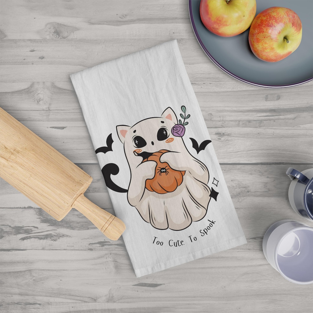 Too Cute to Spook Halloween Tea Towel, Black Cat Ghost Kitchen Towel ...