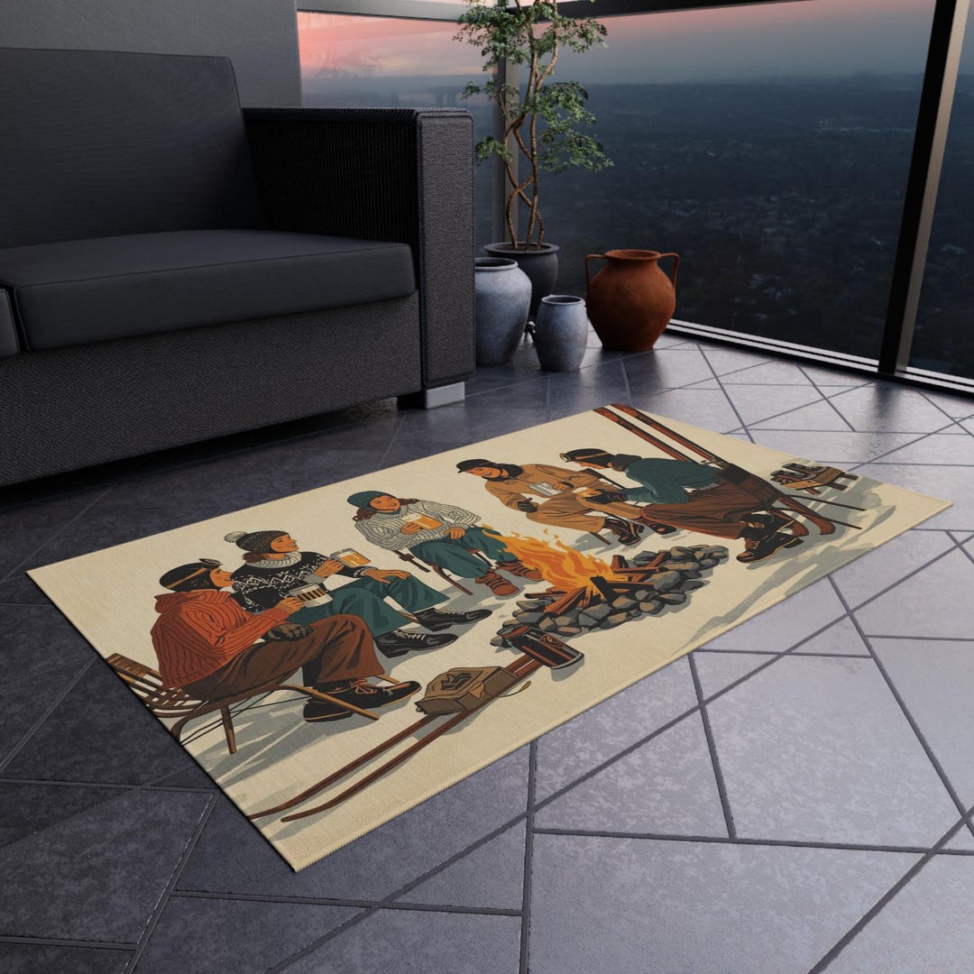 Vintage Ski Campfire Scene Outdoor Rug | Retro Winter Camping ...