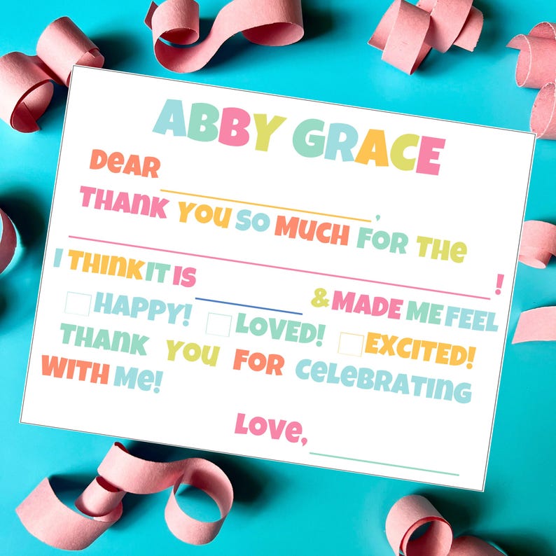 Kids Personalized Thank You Card Fill in the Blank Thank You Printable ...