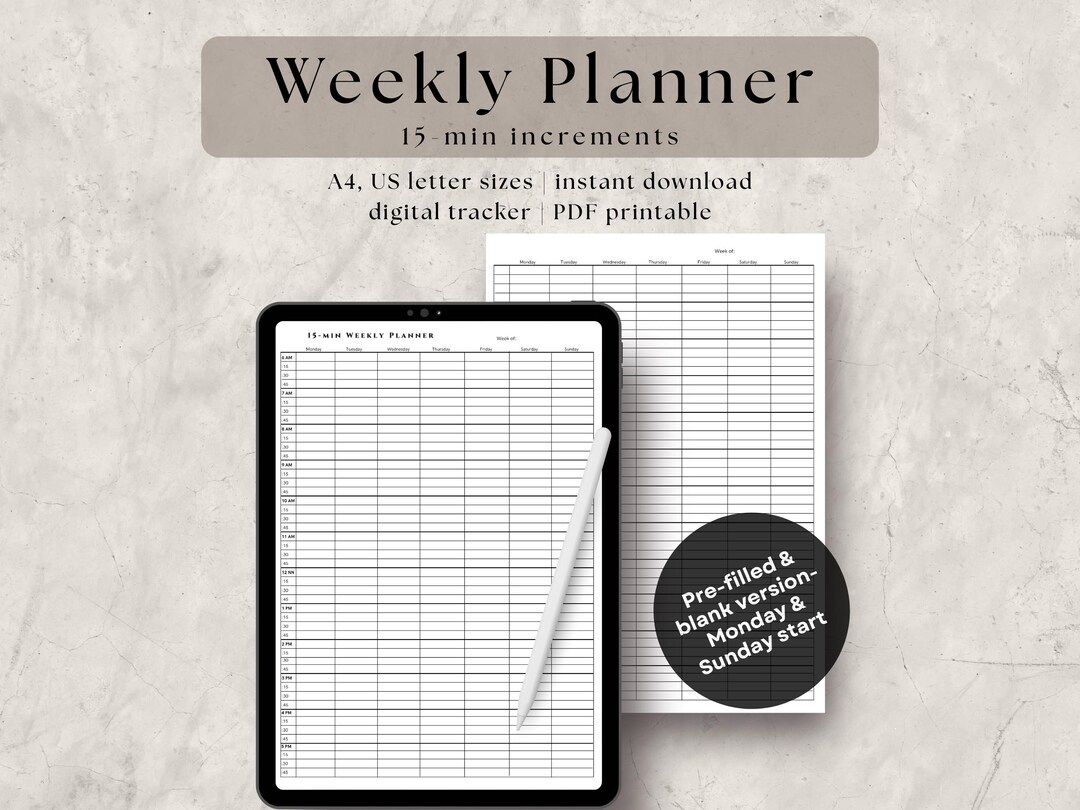 15 Minute Weekly Planner,printable Time Blocking Schedule, Minimalist ...