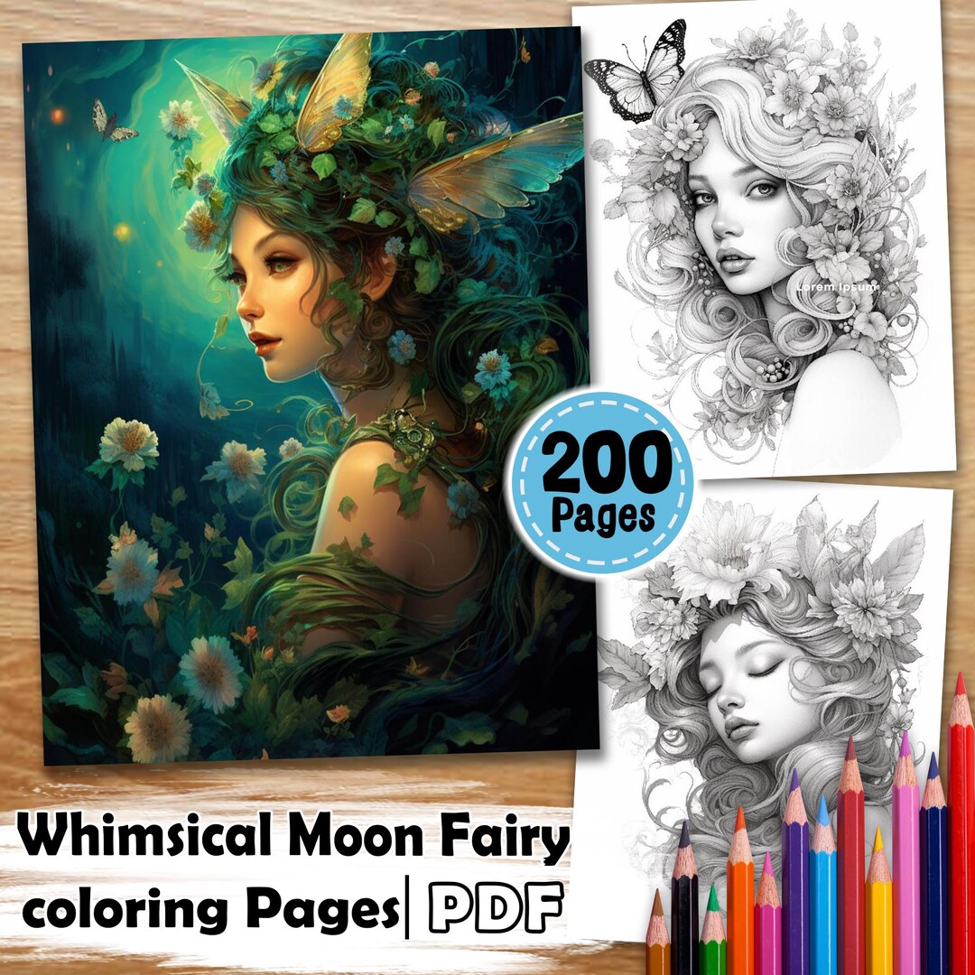 200 Whimsical Moon Fairy Coloring Pages – Fantasy Art Designs – for ...