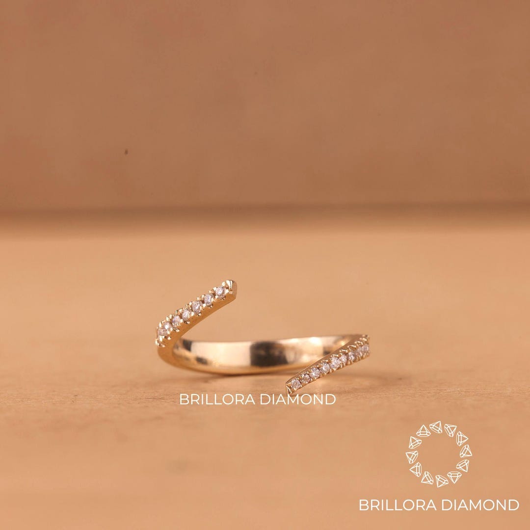Open Cuff Curved Round Diamond Wedding Band, Minimalist Stacking Ring ...