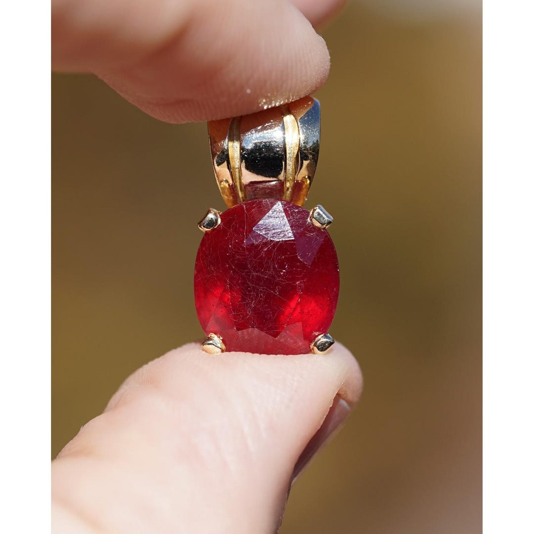 Vintage 14k Solid Yellow Gold Oval Bright Red Natural Ruby Pendant ...