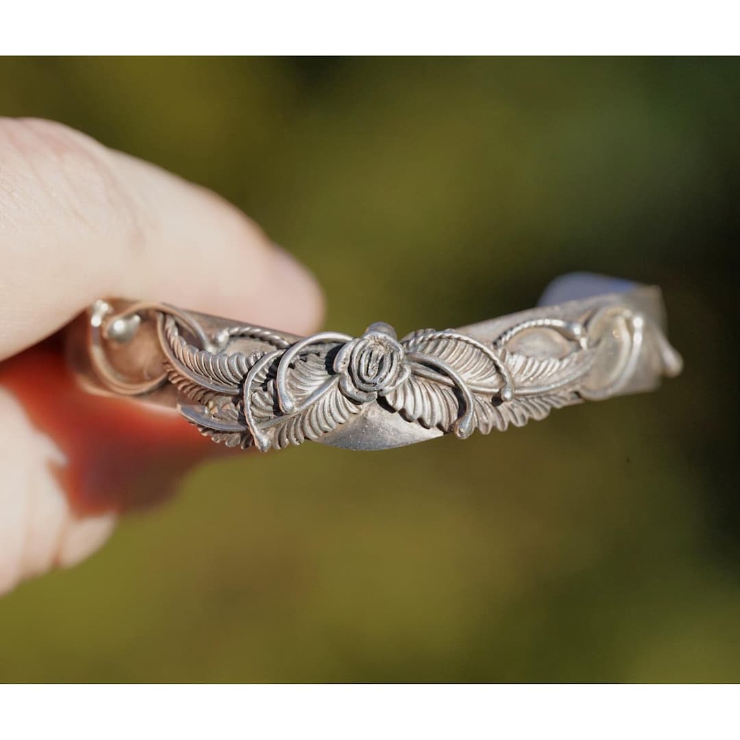 Les Baker LB Native American Indian Sterling Silver Feather Flower Cuff ...