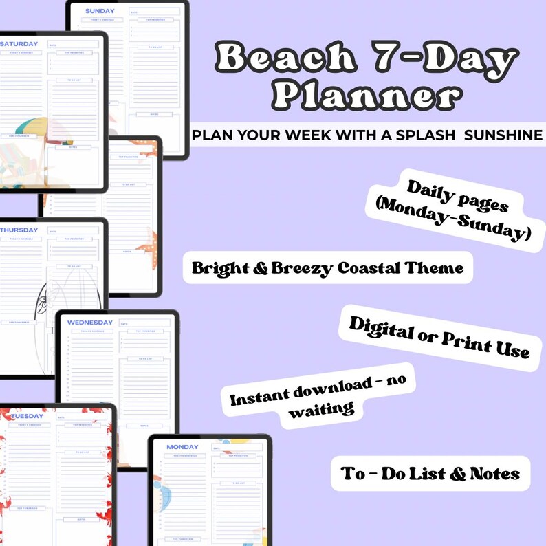 Beach Theme 7-day Planner Insert | Printable Weekly & Daily Overview ...