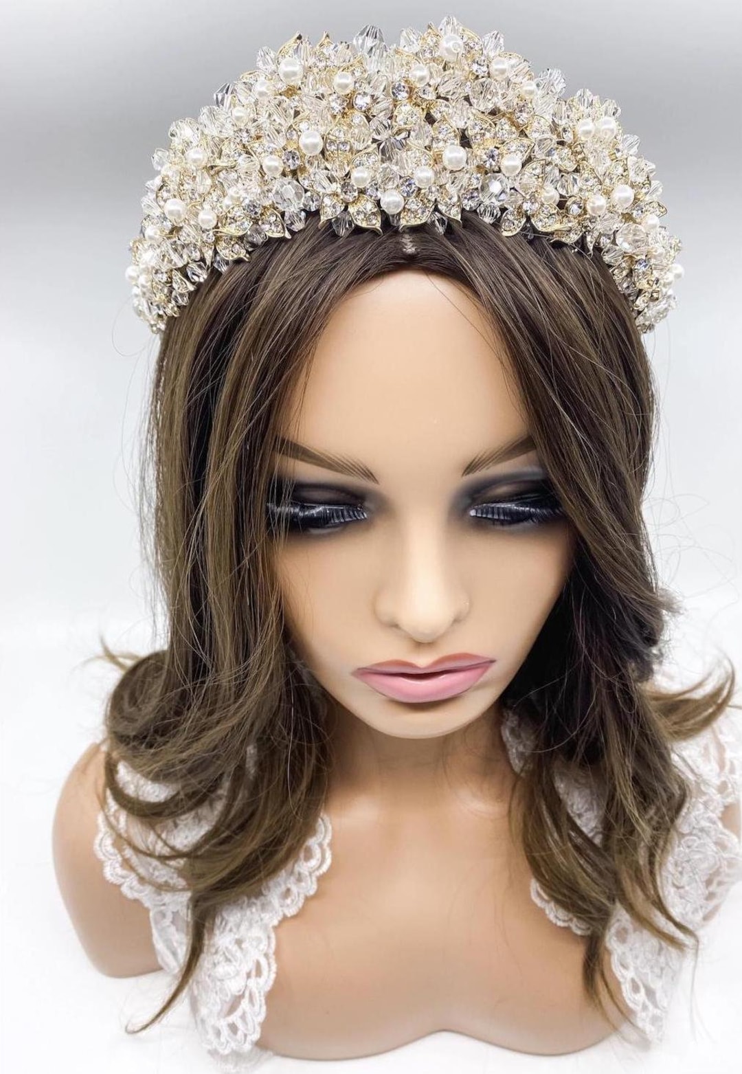 Crystal Bridal Gold Crown | Crystal Pearl Bridal Crown | Sparkley ...