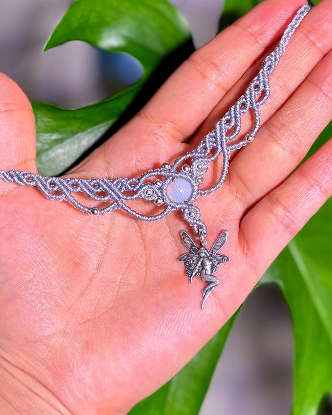 Fairy – Crystal Macrame Choker With Silver Fairy Charm, Adjustable Boho ...