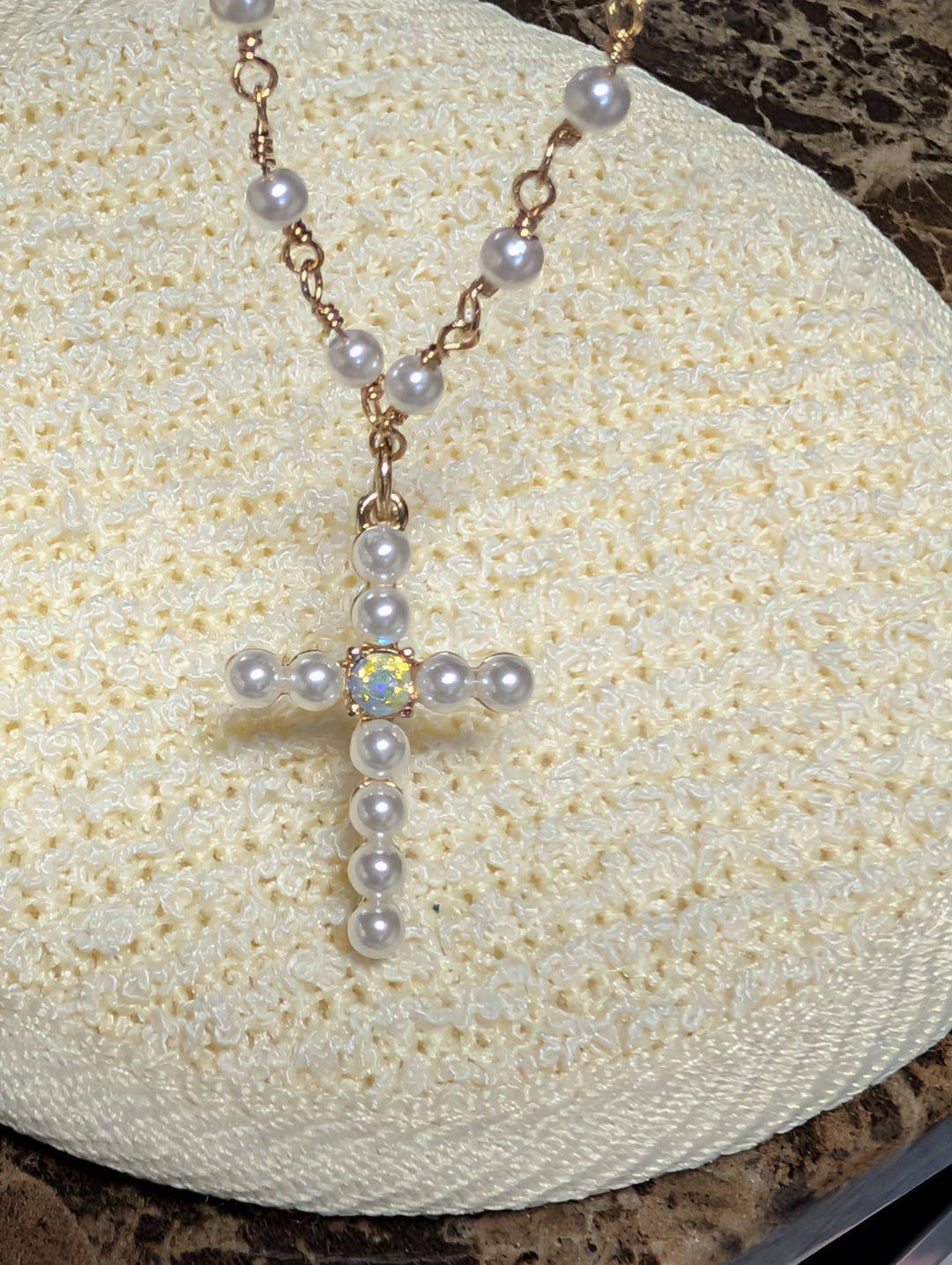 Gold Pearl Cross Gemstone Pendant Pearl Lined Chain Necklace - Etsy