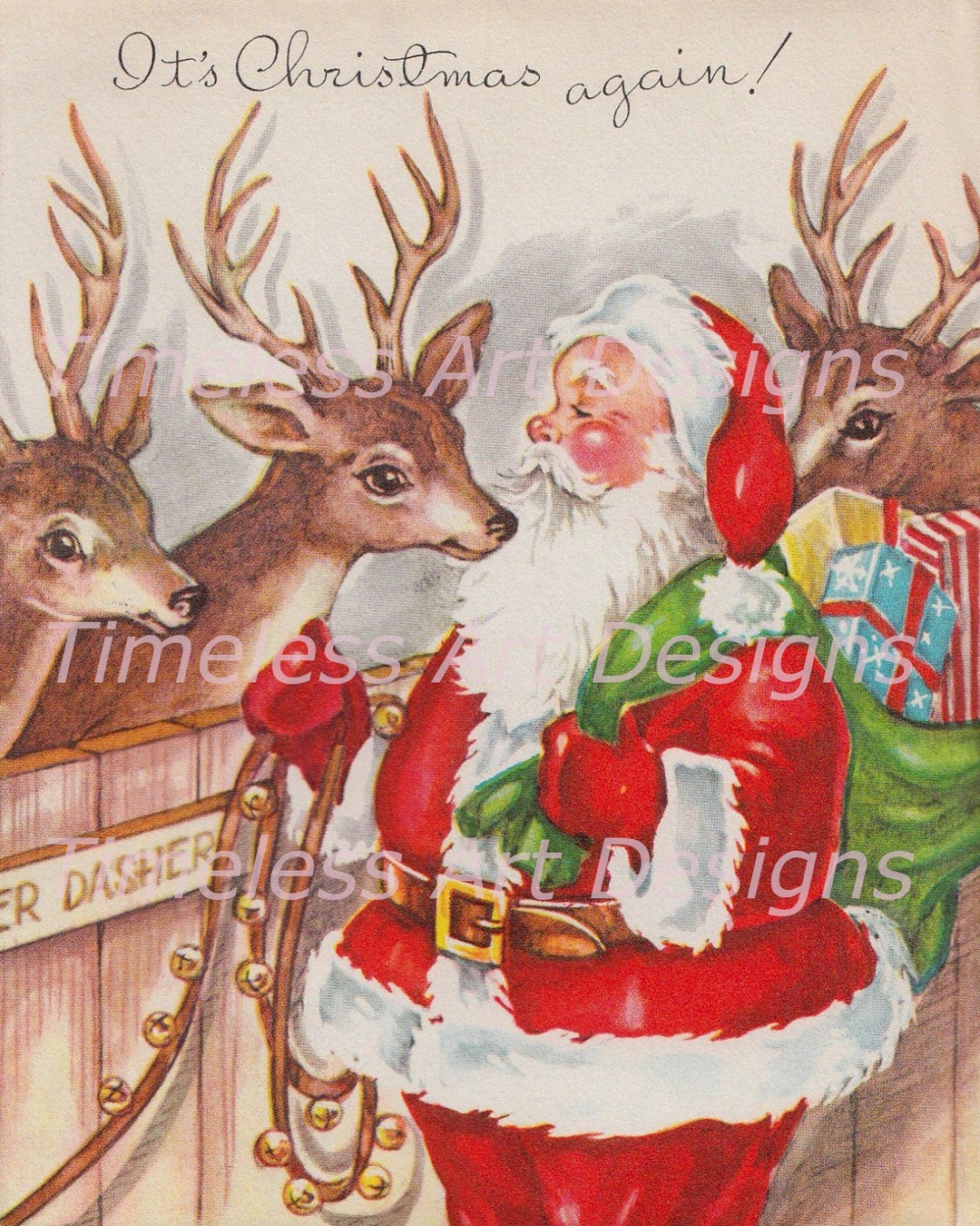 Digital Download Image, Jolly Old Santa Claus With His Reindeer ...