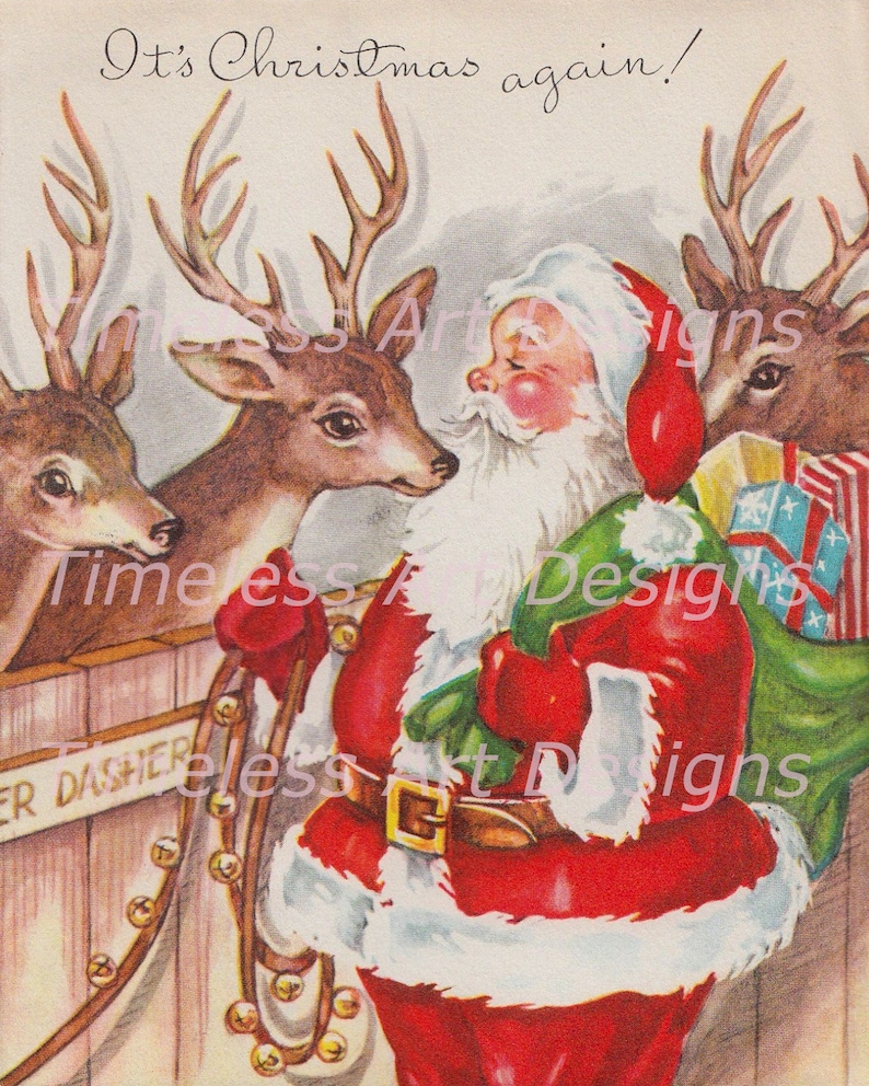 Digital Download Image, Jolly Old Santa Claus With His Reindeer ...
