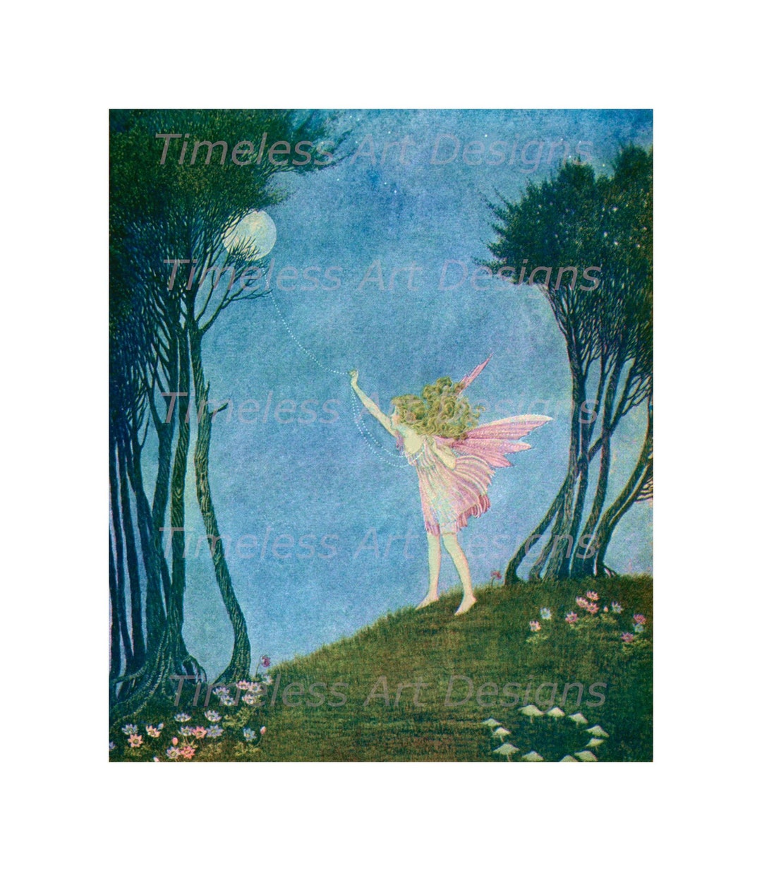 Digital Download Image Beautiful Fairy Catching the Moon, Antique Art ...