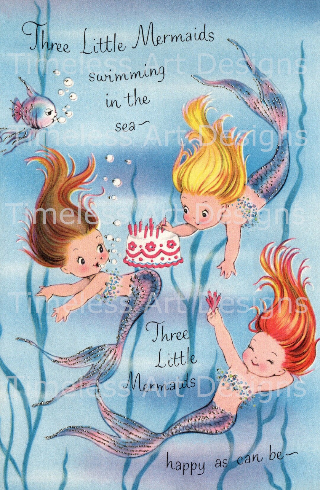 Digital Download, Cute Little Mermaids Vintage Greeting Card Image ...