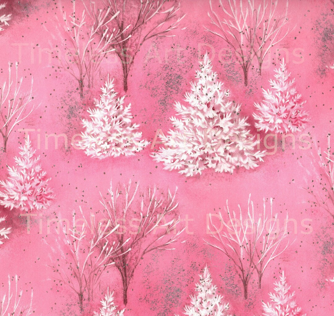 Instant Digital Download, Stunning White Christmas Trees on Pink ...