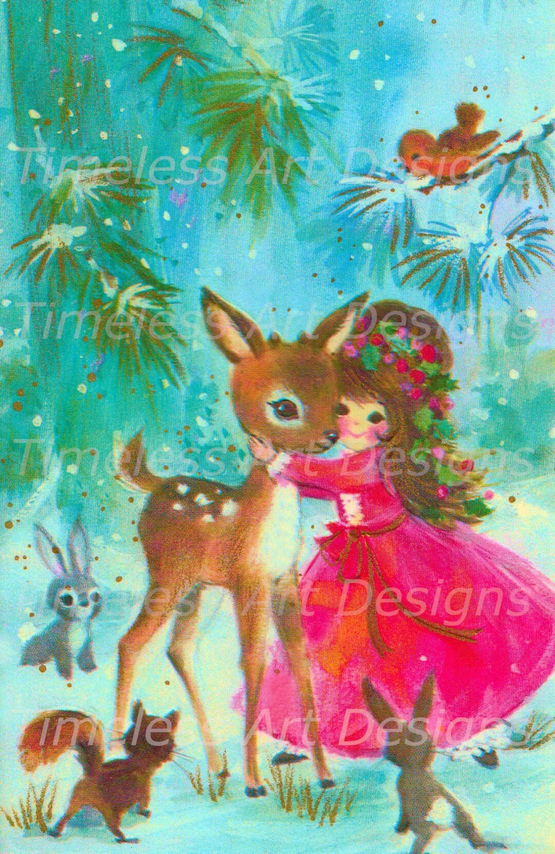 Vintage Retro Printable Sweet Girl Hugging A Deer, Fawn, Woodland ...