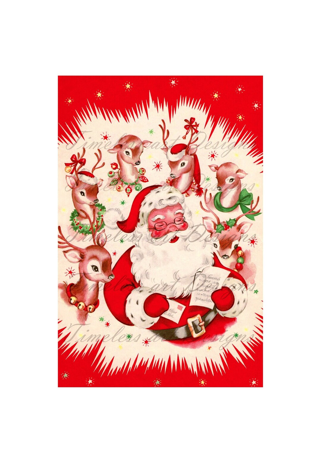 Vintage Retro Santa Reindeer Printable Digital Download Image, Santa ...