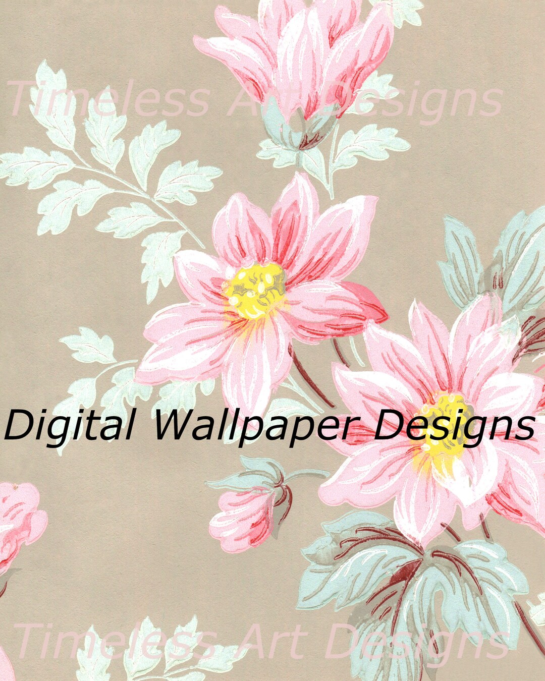 Vintage Digital Wallpaper Printable, Lovely Pink Flowers on Brown ...