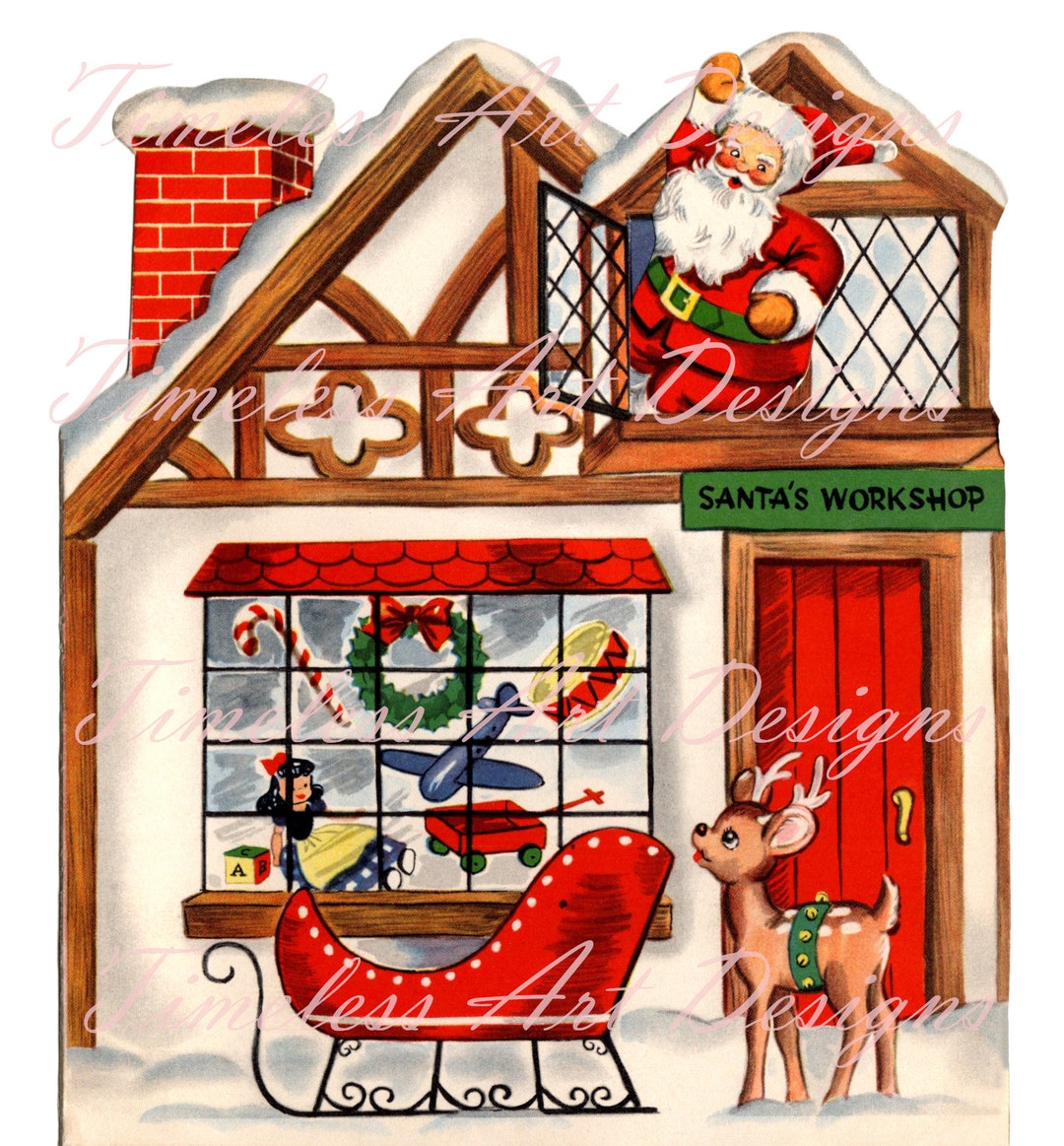 Digital Download Image, Santa's Workshop, Sweet Vintage Retro Santa ...