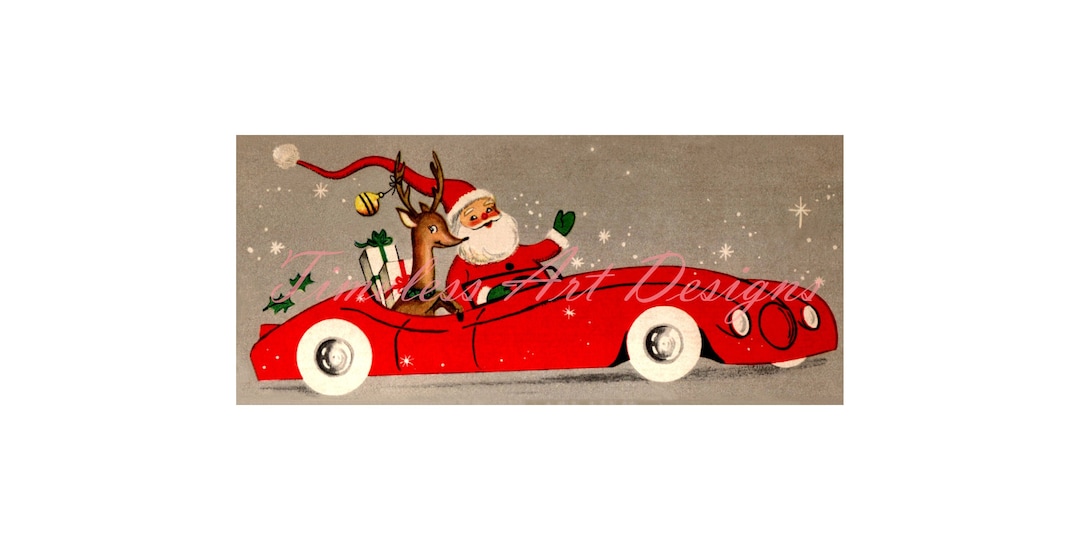 Digital Download Image, Santa Claus & Rudolph Reindeer Driving A Red ...