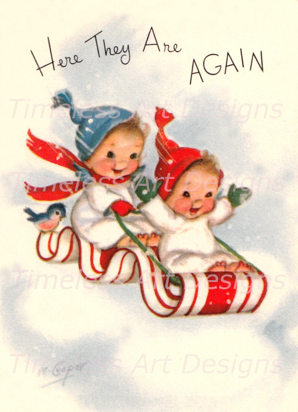 Digital Download Image, Darling Baby Angels, Cherubs, Red Candy Sled ...