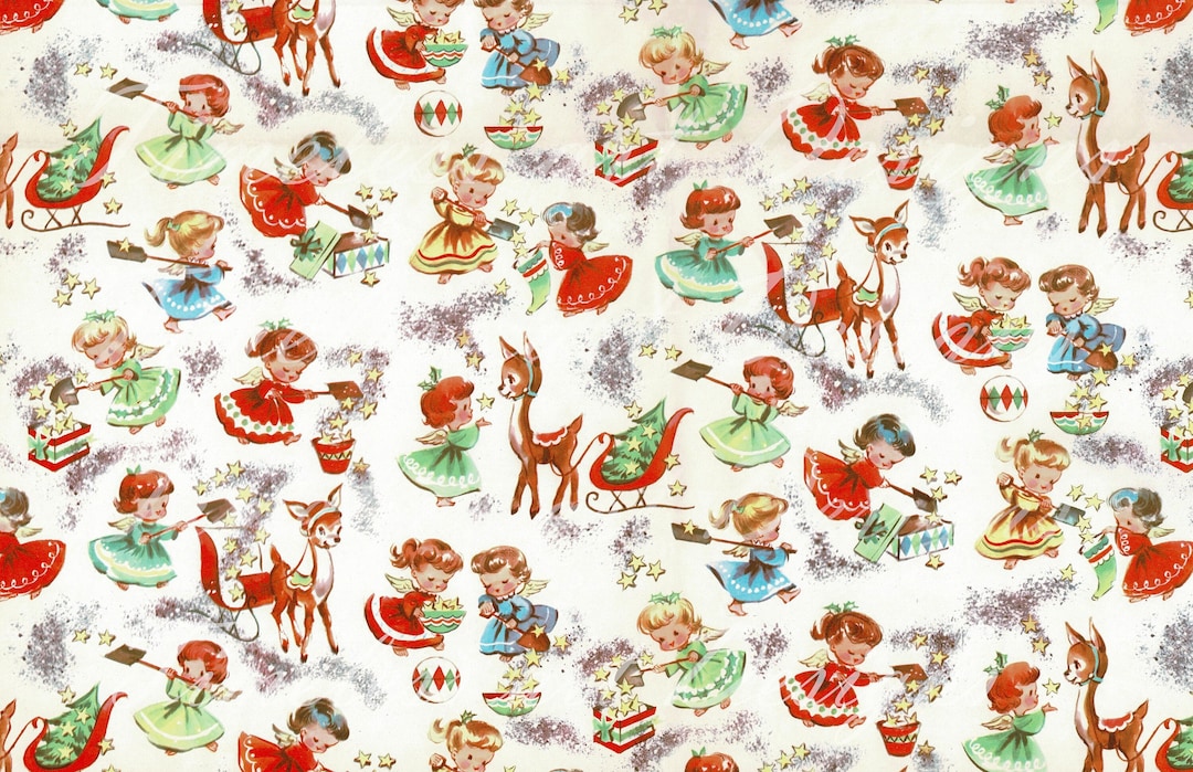 Digital Download Retro Gift Wrap Paper Printable Cute Holiday Angel ...