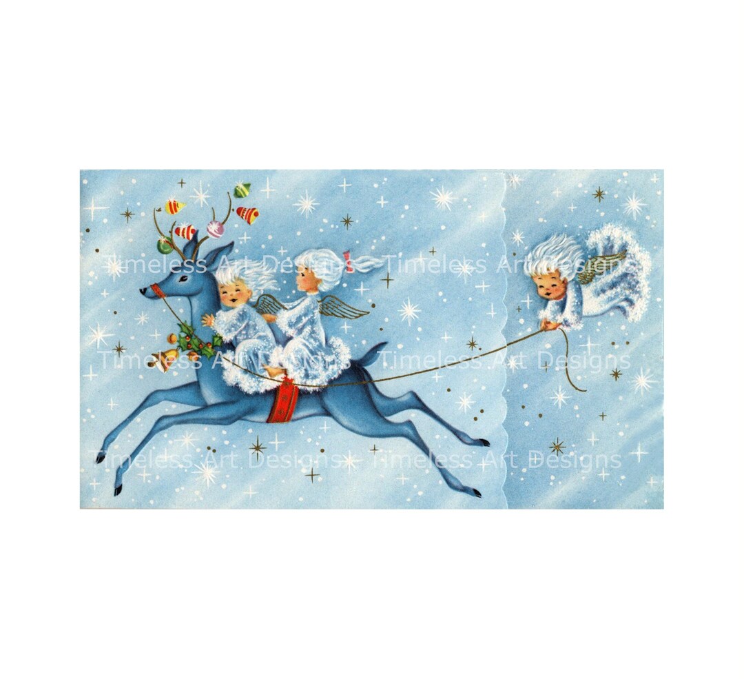 Digital Download Cute Angels Riding A Blue Reindeer Vintage Christmas ...