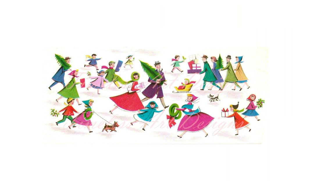 Digital Download Image, Busy Retro Holiday Shoppers Rushing Around ...