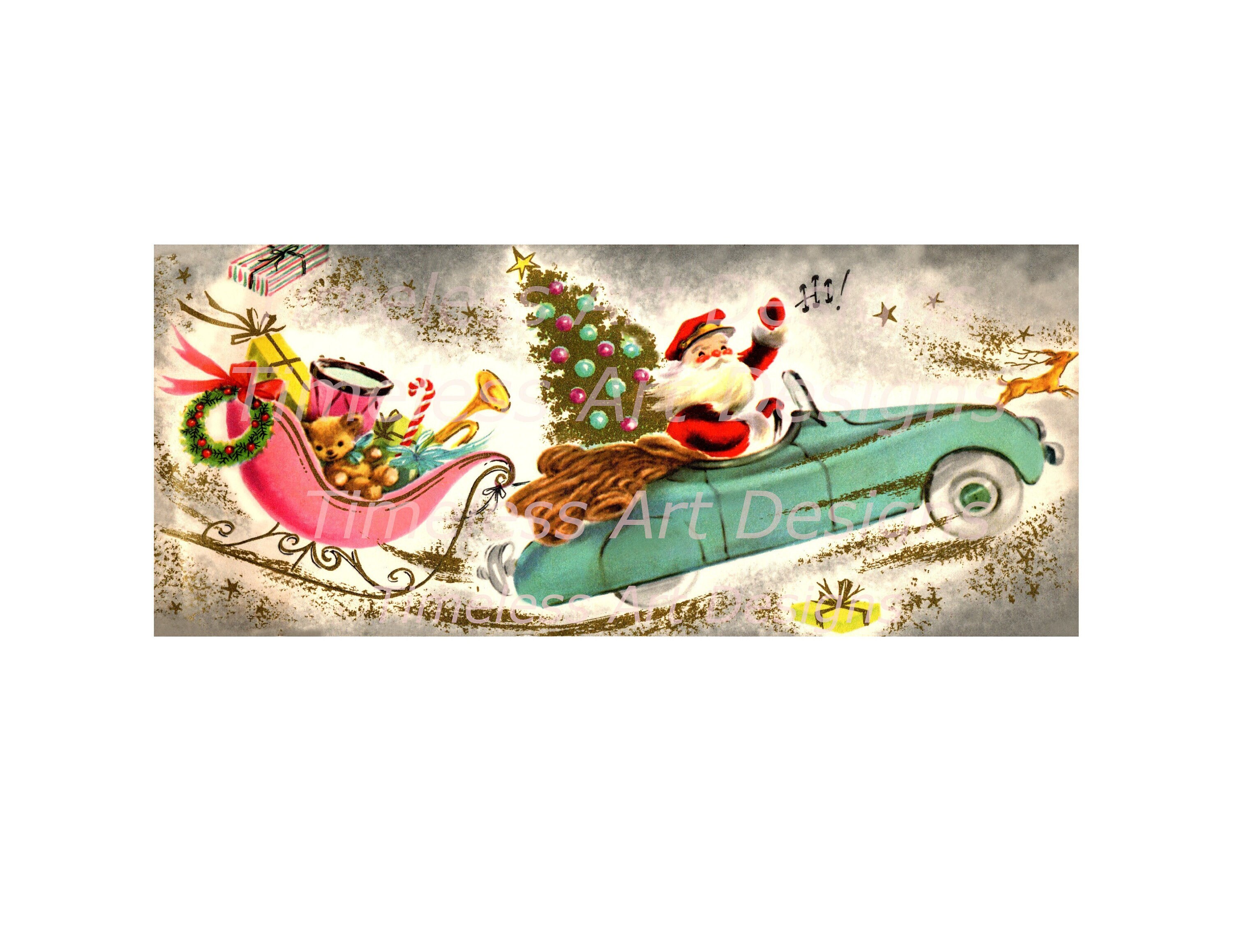 Digital Download Image, Santa Claus in Car Pulling A Pink Sleigh Full ...