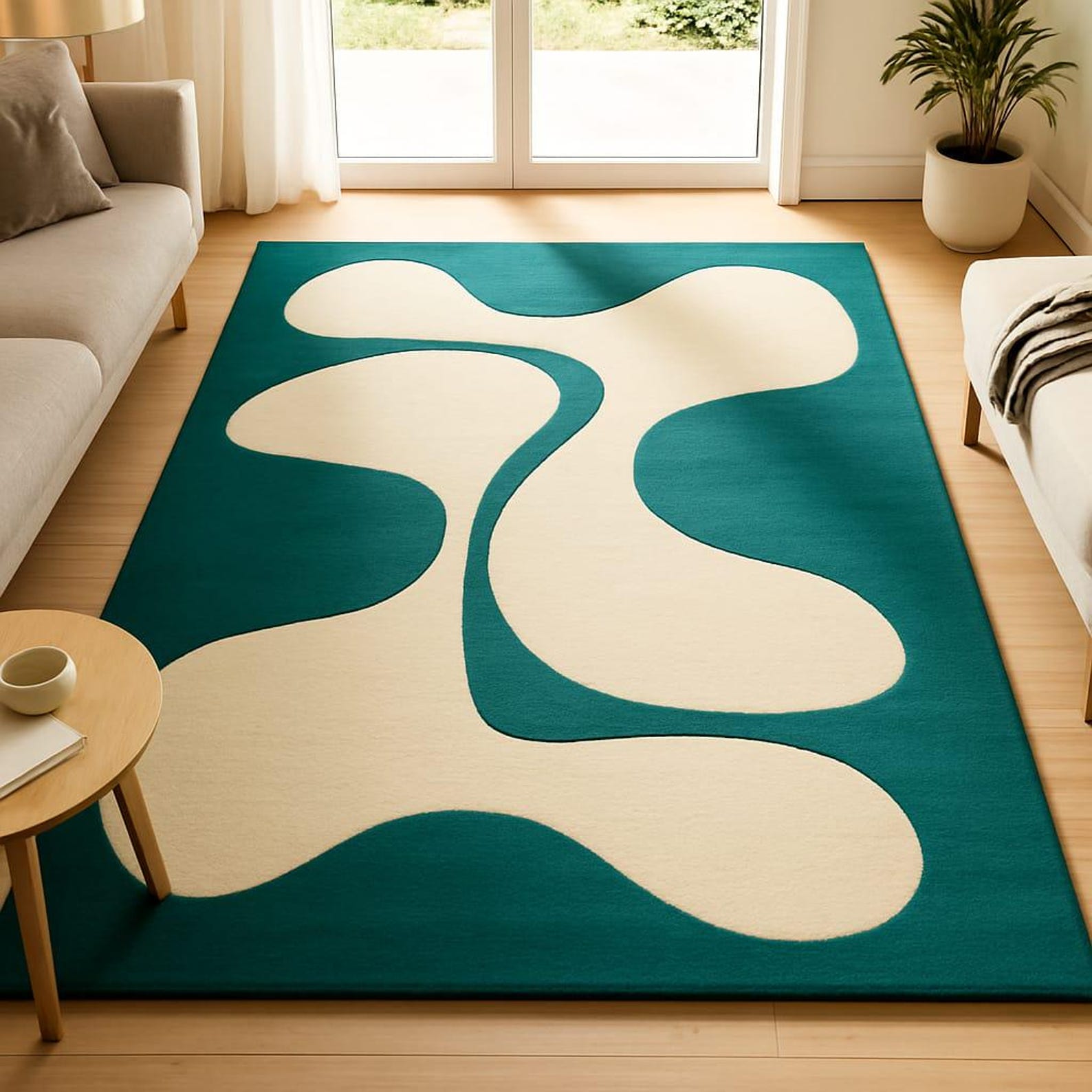 Modern Abstract Teal & Cream Area Rug – Contemporary Living Room Carpet ...