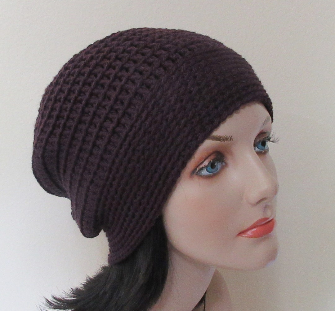 Plum Crocheted Slouchy Beanie: Large Acrylic Winter Hat - Etsy