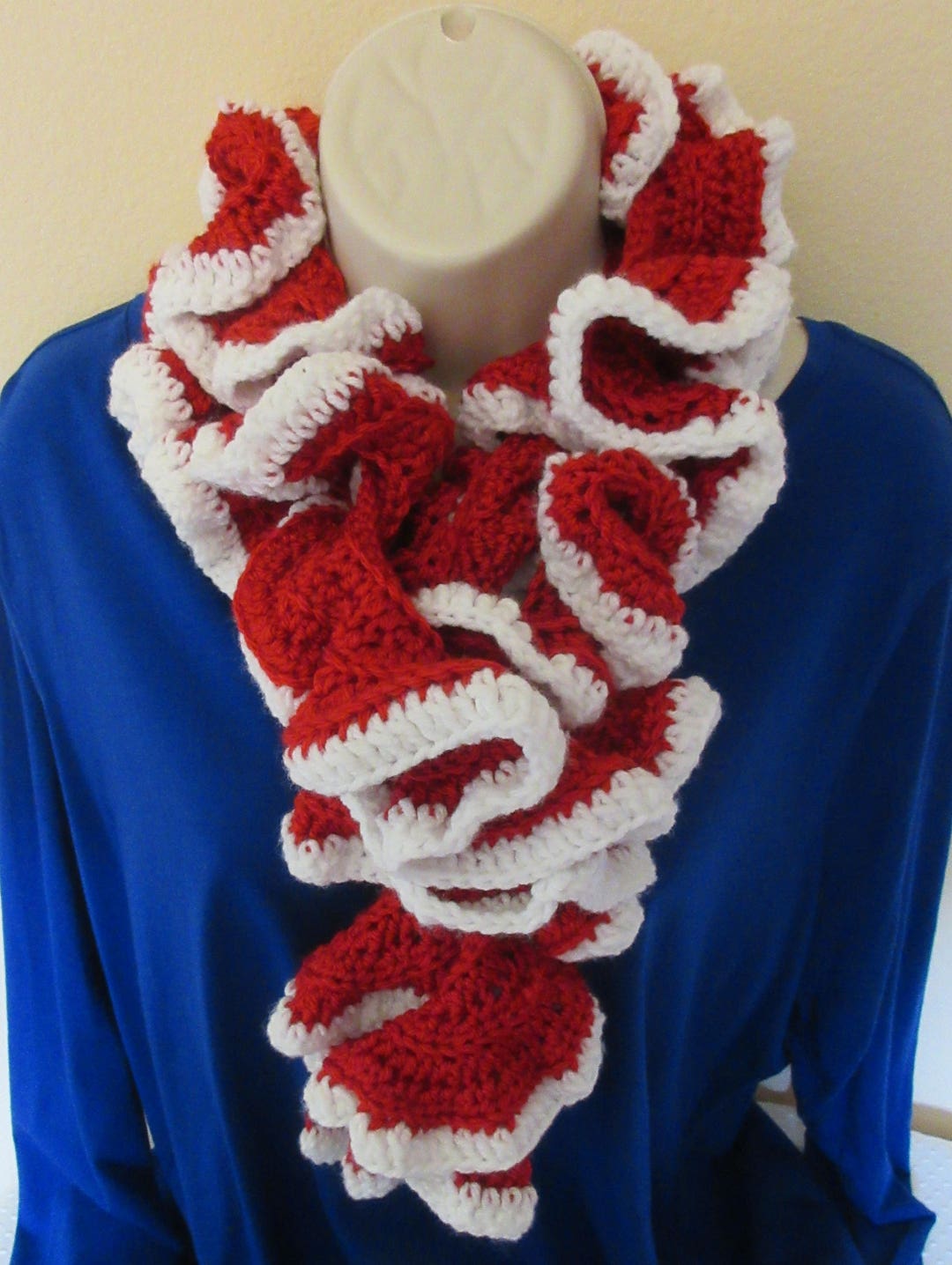 Red White Ruffled Crochet Scarf, Cold Weather Accessory, Ruffled Scarf ...