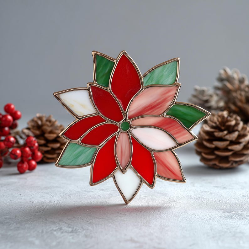 Poinsettia Stained Glass Pattern: Christmas Suncatcher Design (digital ...
