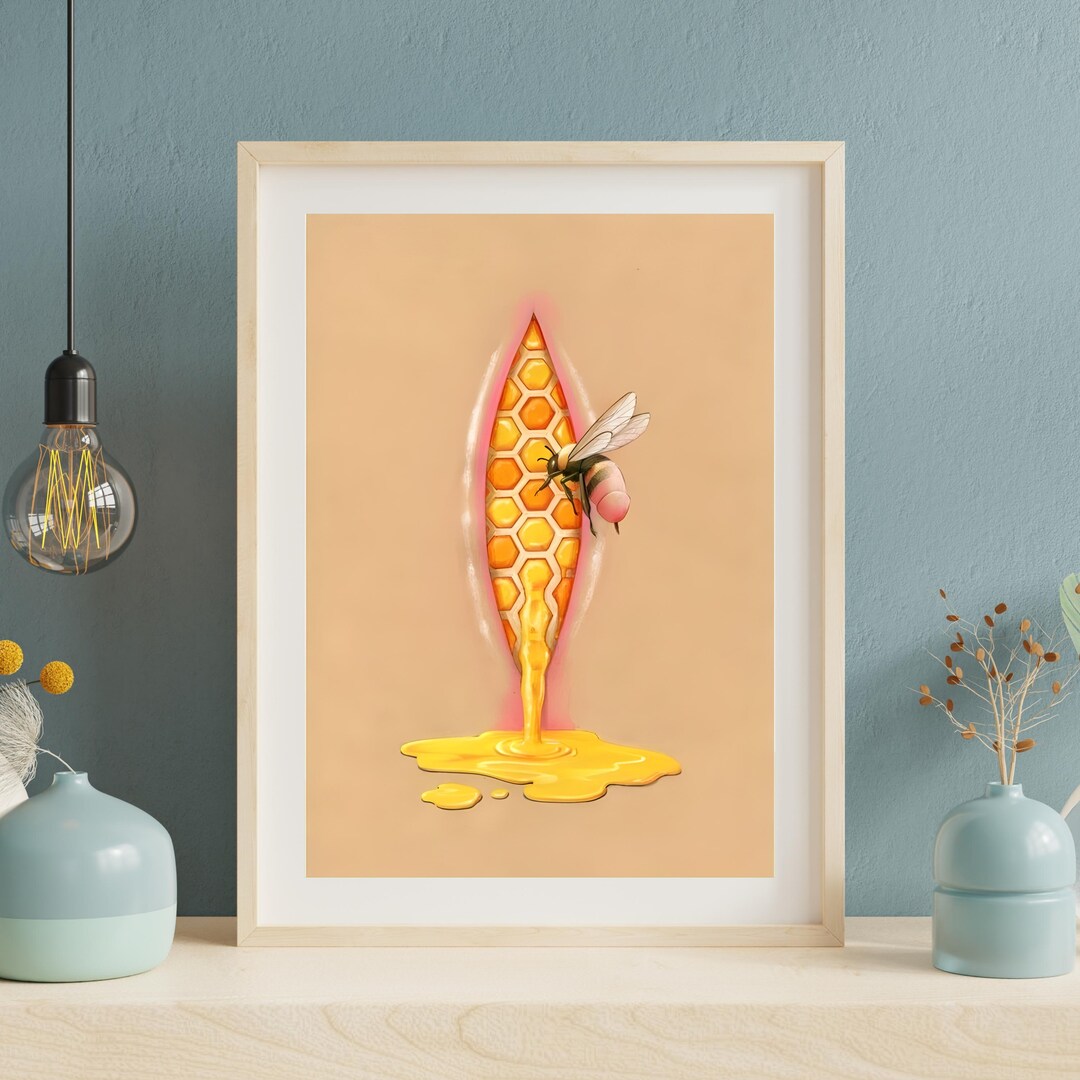 Surreal Conceptual Wall Art Print, Honeycomb Illustration With Bee ...